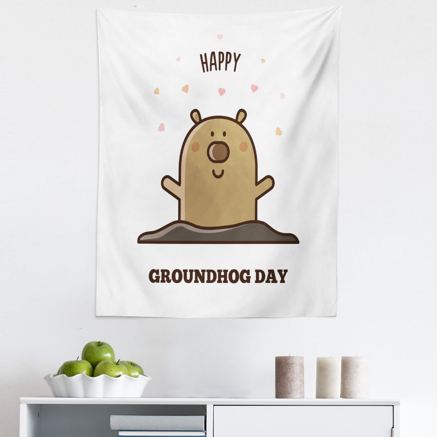 Groundhog Day Tapestry, Happy Marmot Simple Doodle Style and Little ...