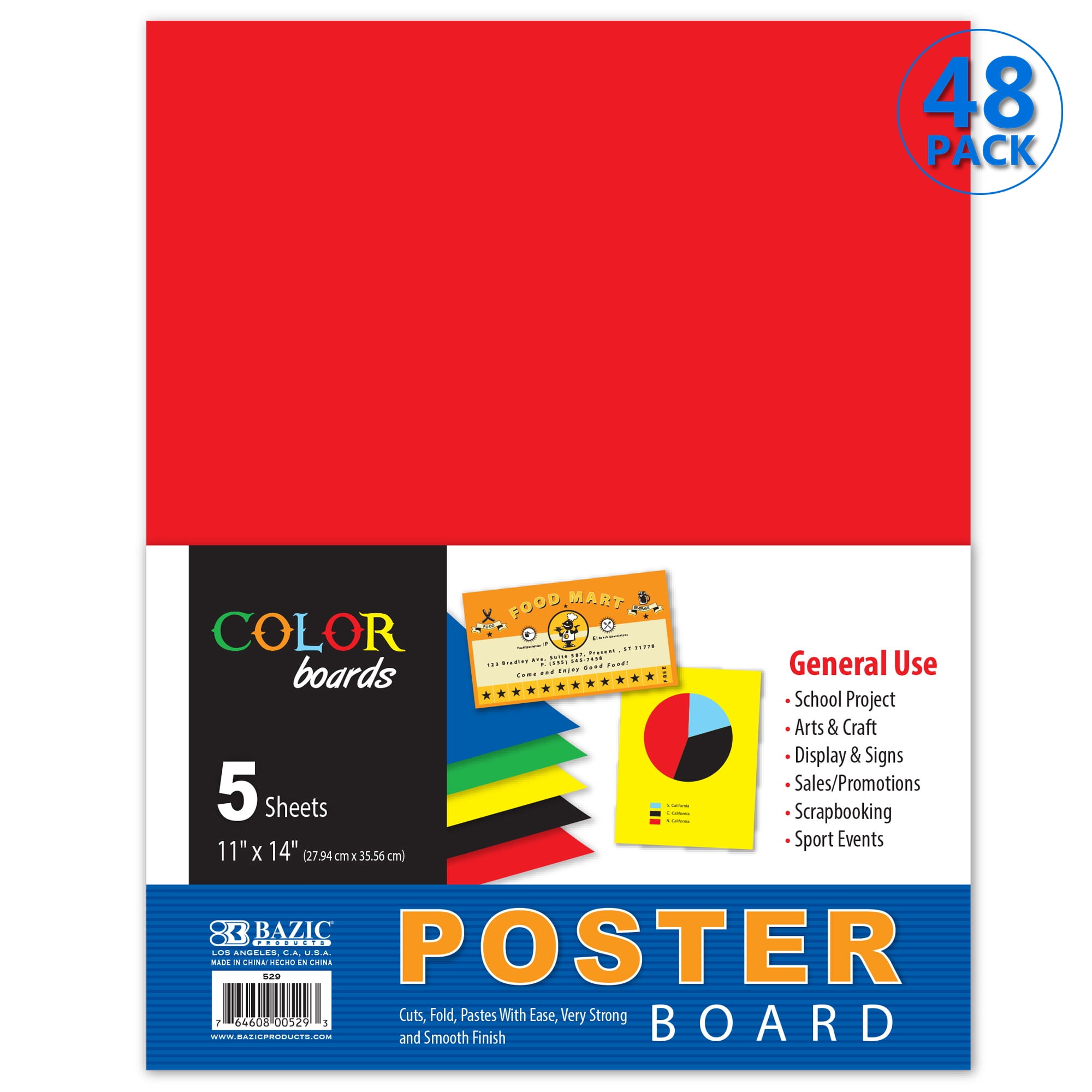 BAZIC Poster Board 11" X 14" Assorted Colored, (5/Pack), 48-Pack ...