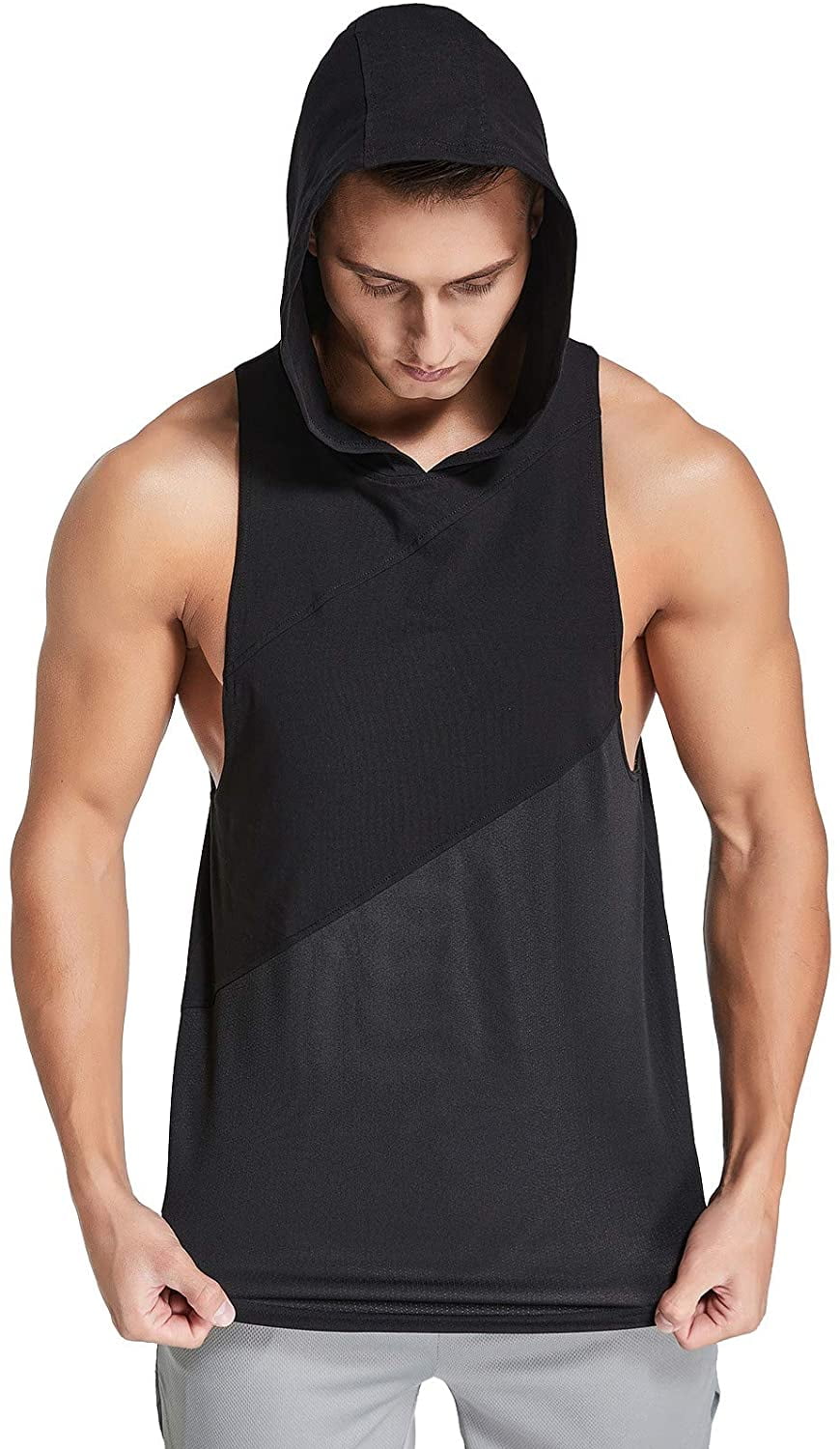 Mens Workout Gym Hooded Tank Tops Bodybuilding Muscle Cut Off T Shirt