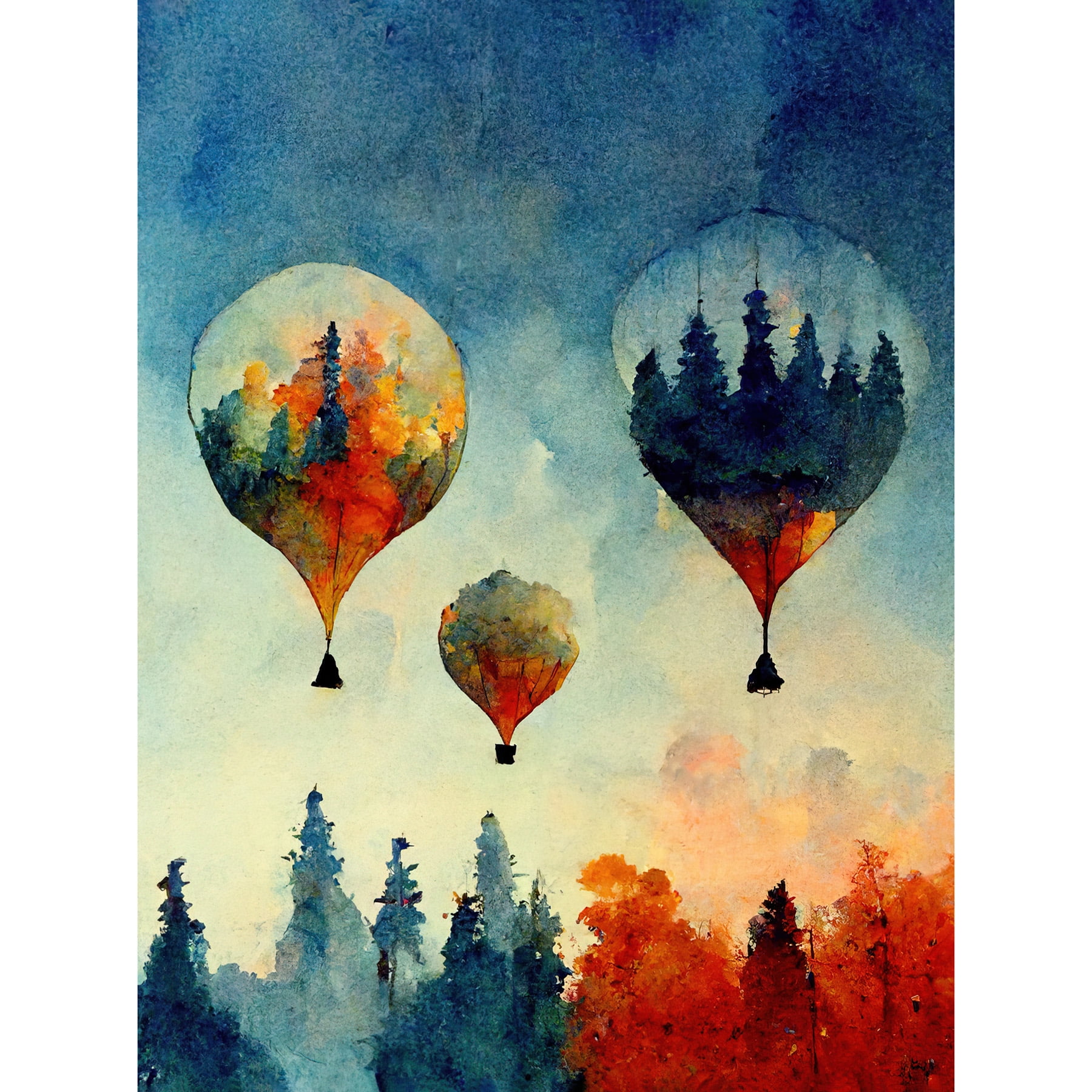 Forest Reflections On Hot Air Balloons Watercolour Unframed Wall Art ...