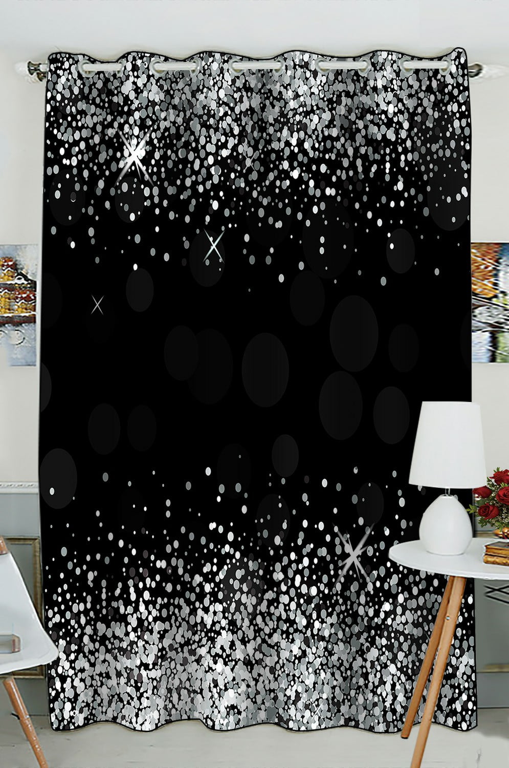 ABPHQTO Shiny Silver Glitter Black Grommet Blackout Curtain Room ...