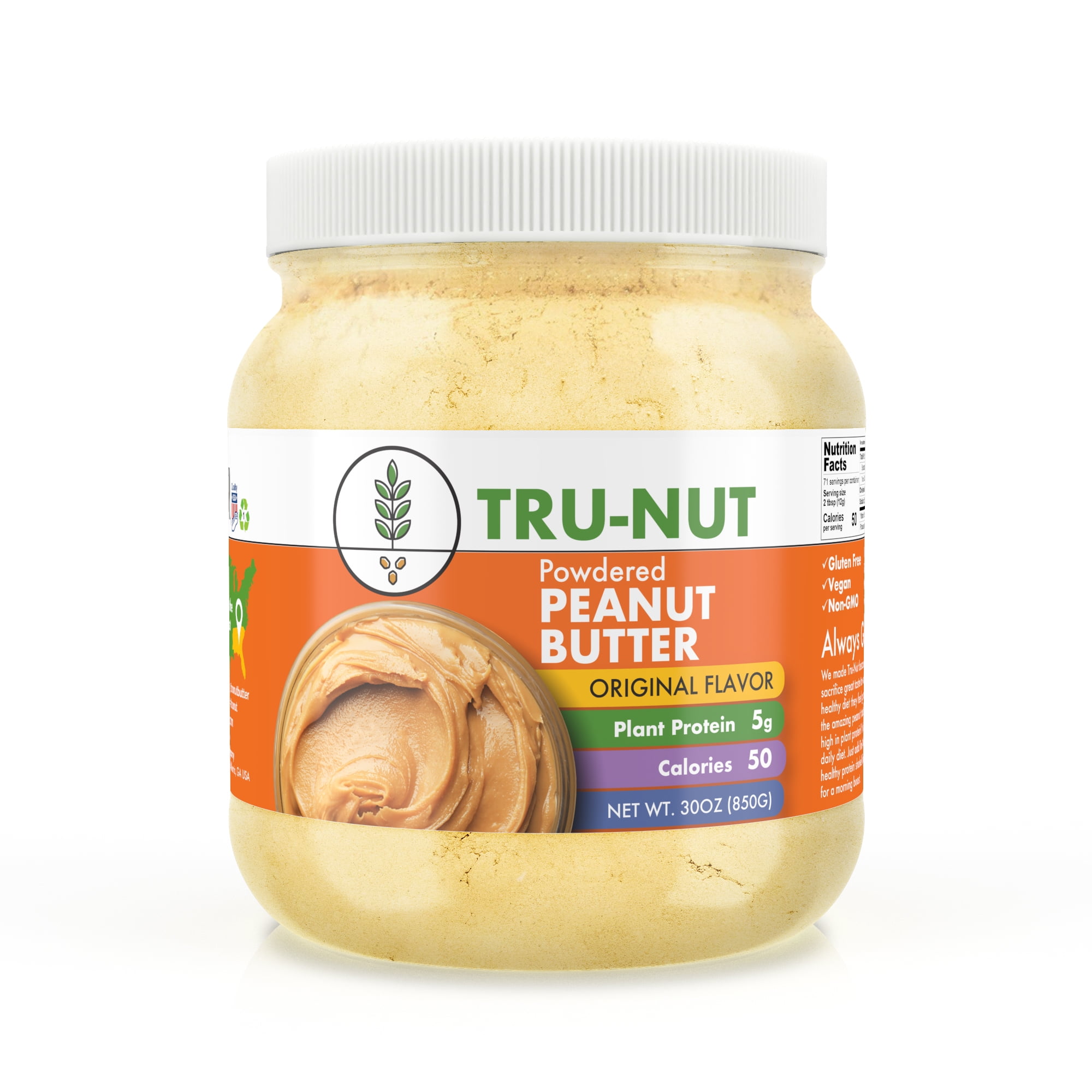 Tru-Nut Powdered Peanut Butter (71 Servings, 30 oz Jar) Good Source of ...