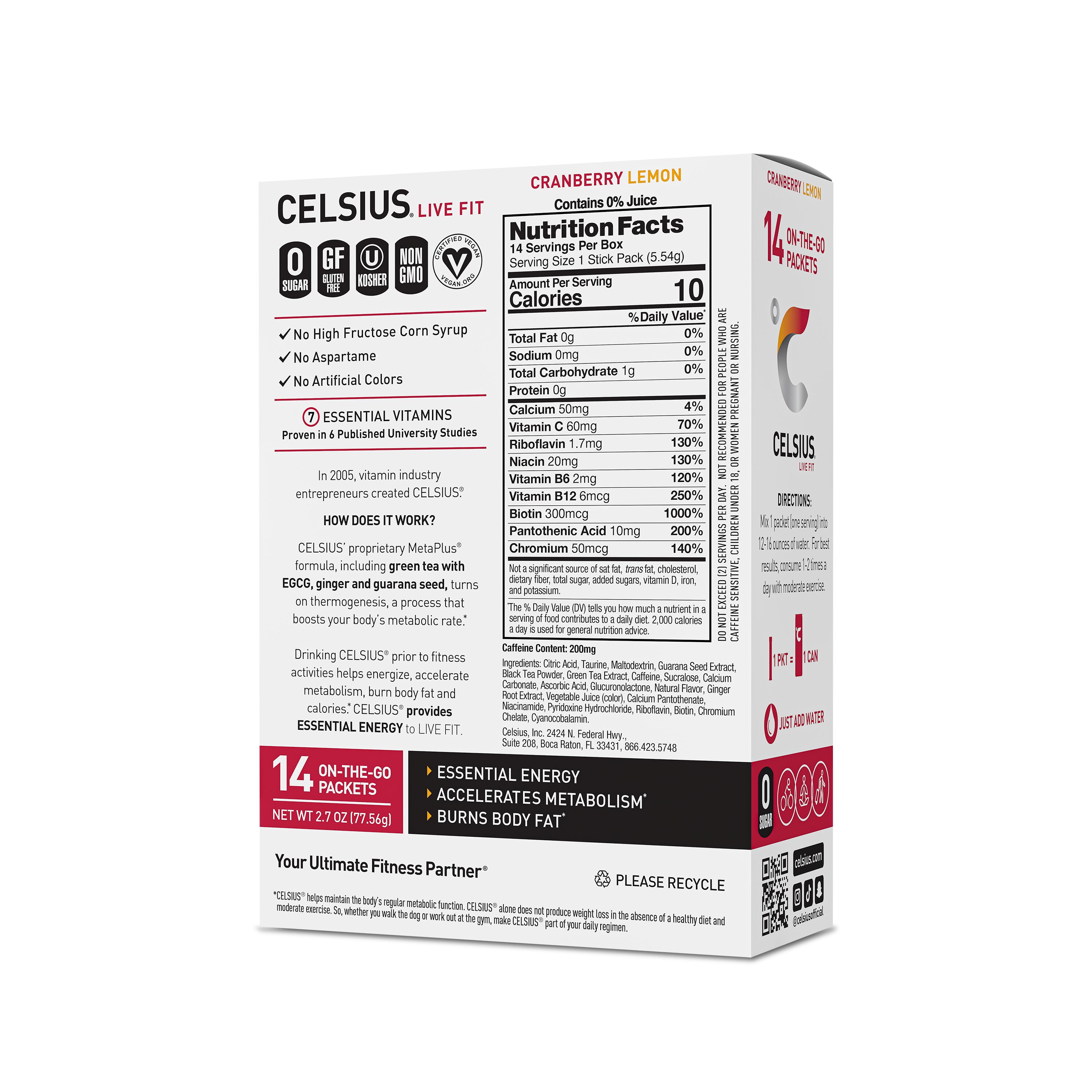 CELSIUS on-the-go Essential Energy Drink Mix, Cranberry Lemon (14 Stick ...