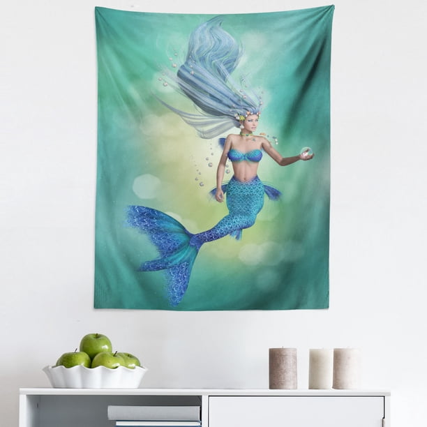 Cartoon Tapestry, Mermaid Upper Body of a Woman and the Tail of Fish ...