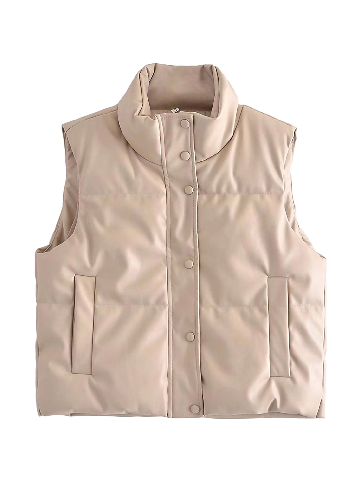 Aunavey Womens Faux Leather Puffer Vest Zip Up Sleeveless Winter ...