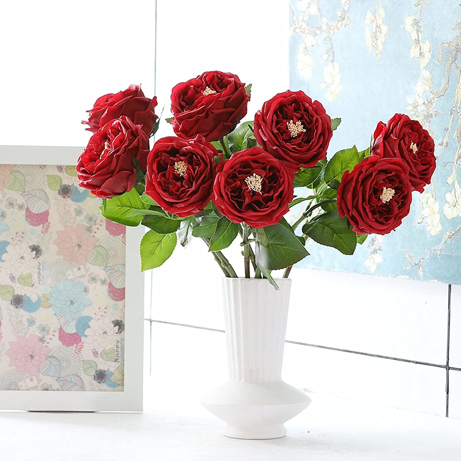 UKELER Red Roses 4 Pcs Real Touch Artificial Flowers Austin Rose Peony ...