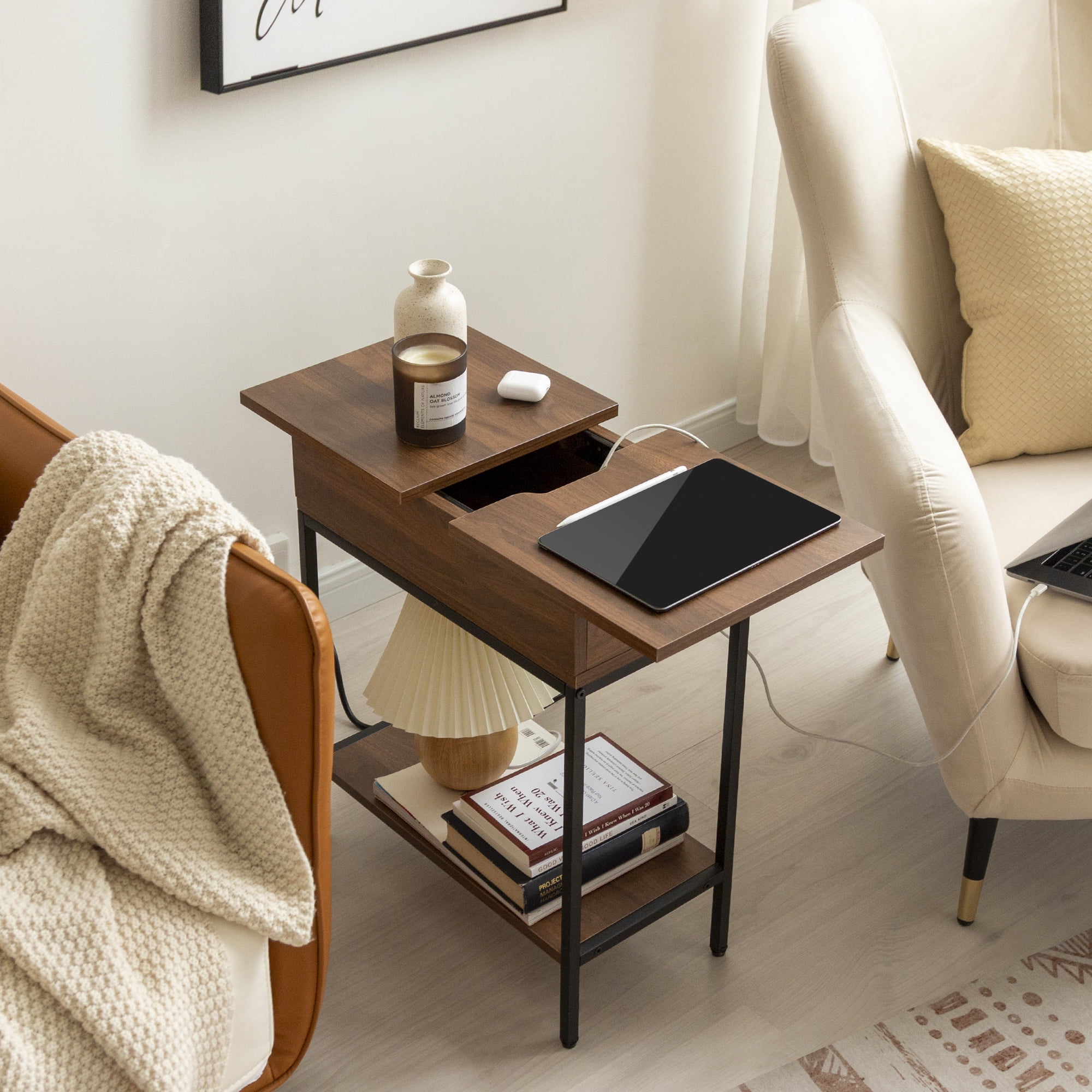 Flip Top Table with Built-In Outlets, End Table with Storage, Walnut ...