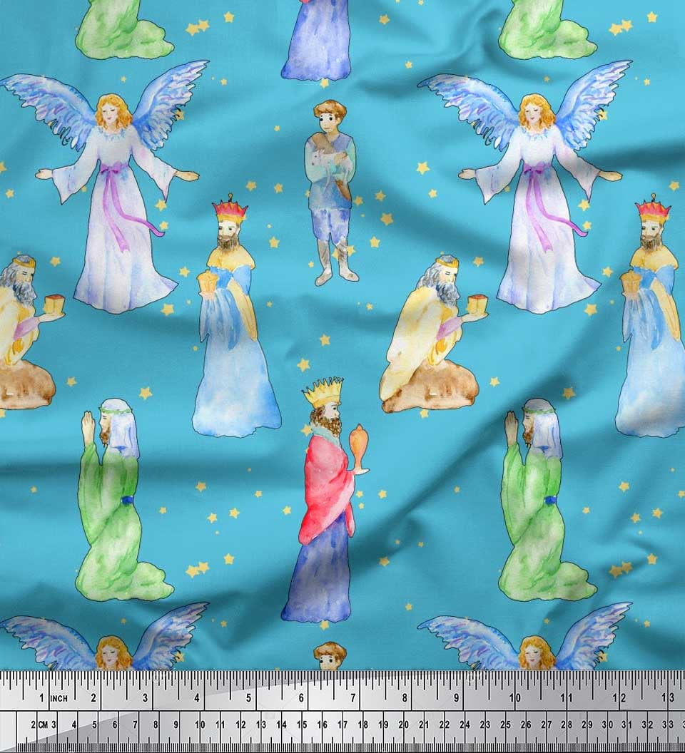 Soimoi Crepe Silk Fabric King & Angel Watercolor Print Fabric by The ...