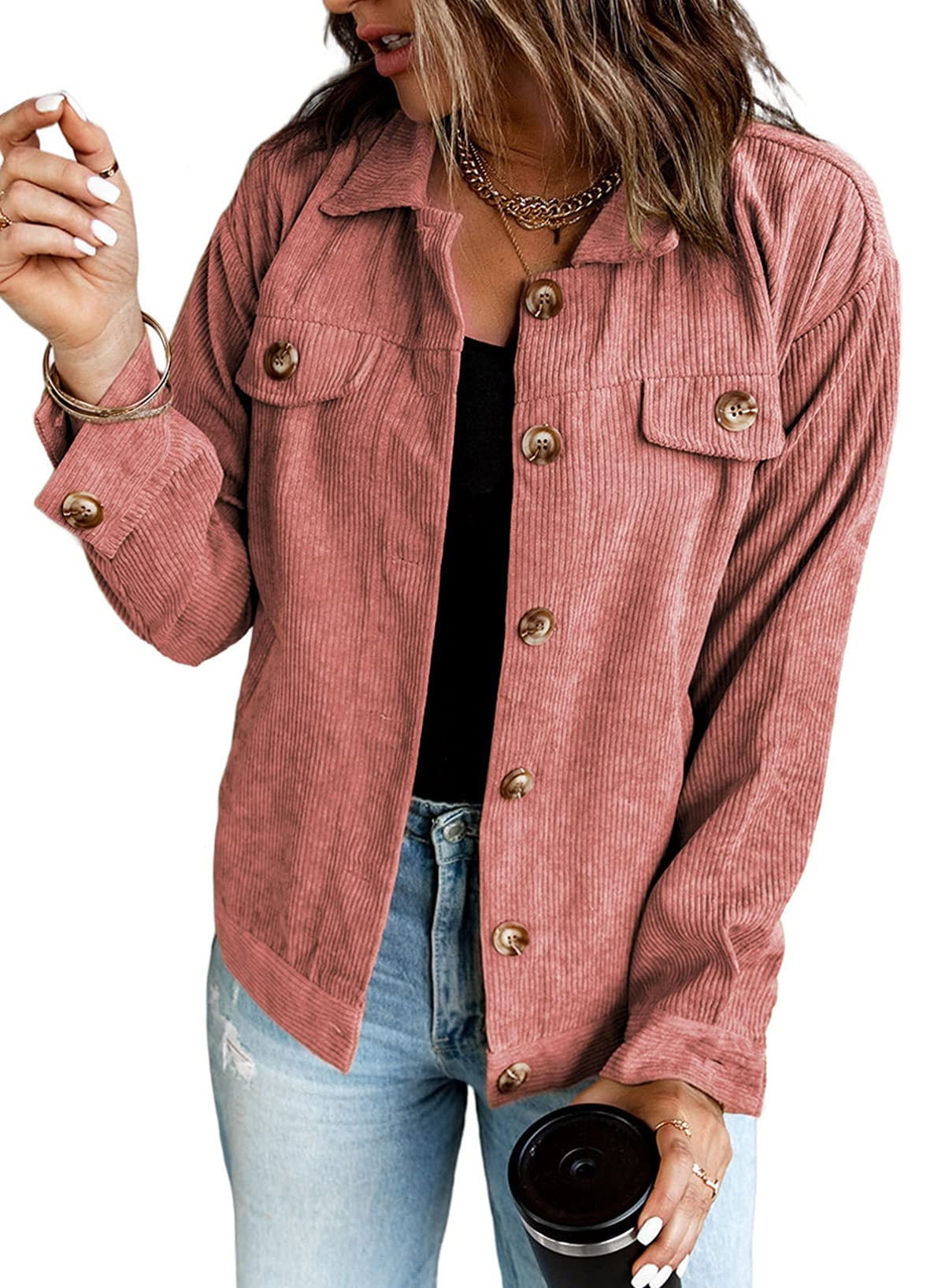 Asyoly Womens Corduroy Shacket Jackets Button Down Long Sleeve Solid ...