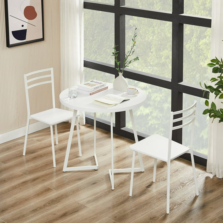 VECELO Small Round Dining Table Set for 2 Marbled Tabletop with Strong Metal Frame Modern Dinette with Chairs for Kitchen Breakfast Nook Living