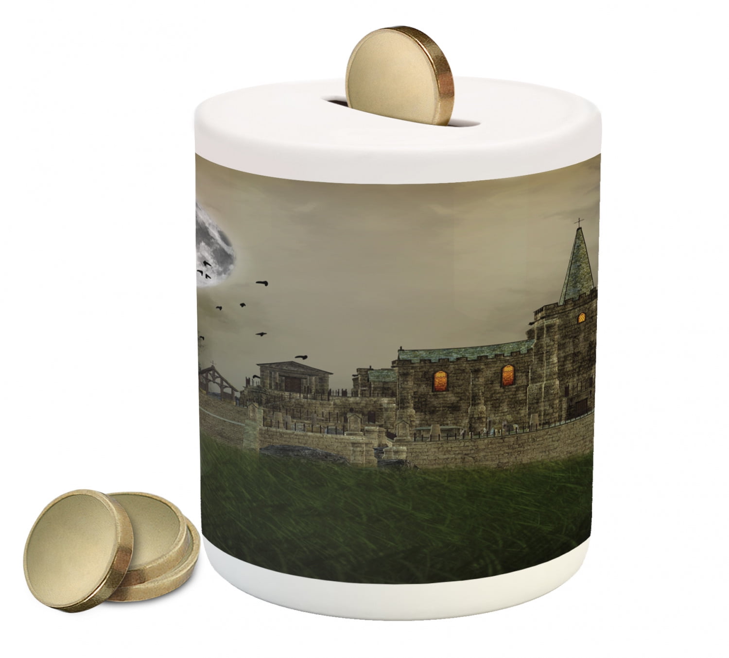 Gothic Piggy Bank, Old Village and Graves with Medieval Castle and Full ...