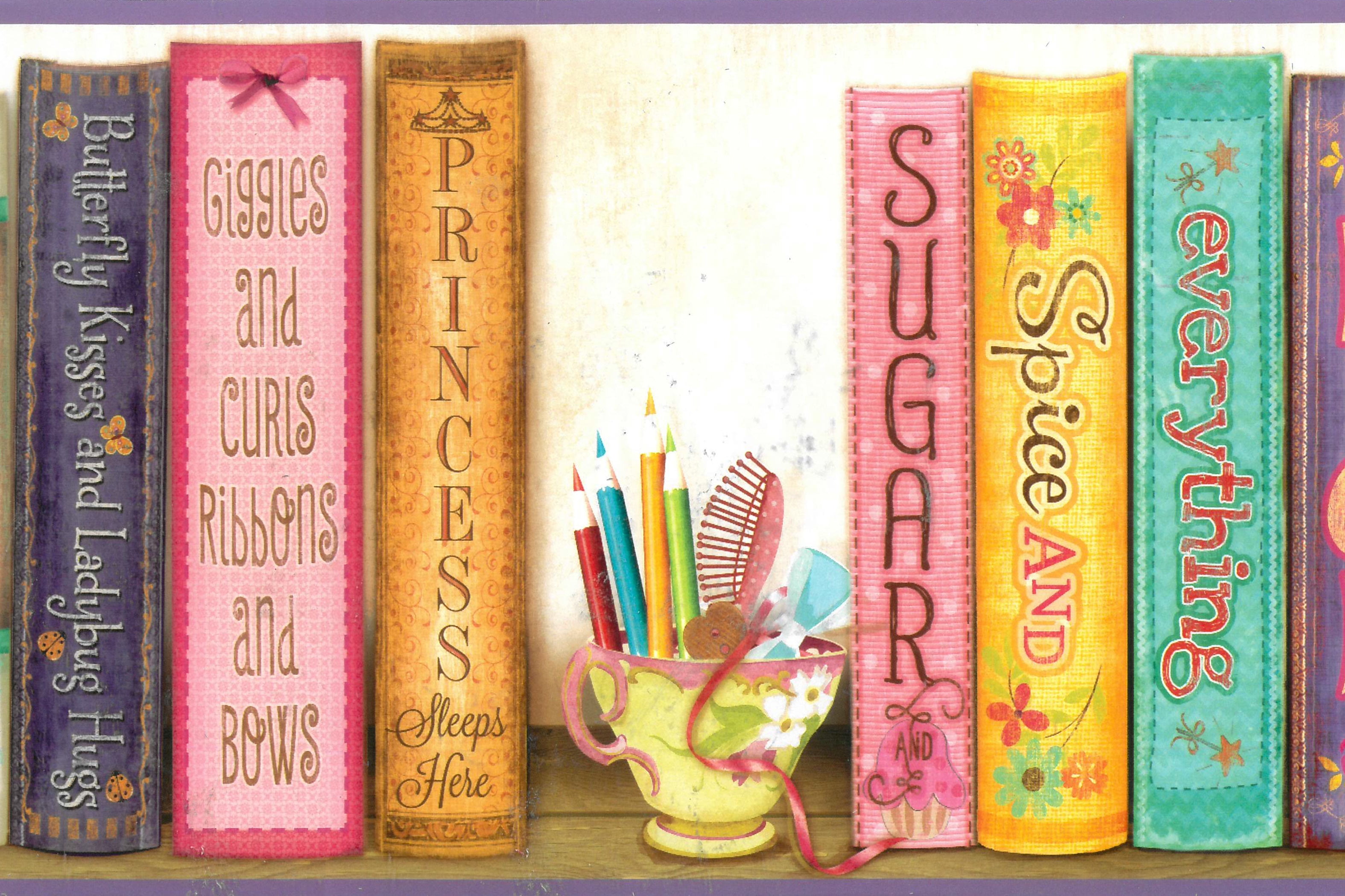 Prepasted Wallpaper Border - Kids Pink, Purple, Yellow Books, Pencils ...