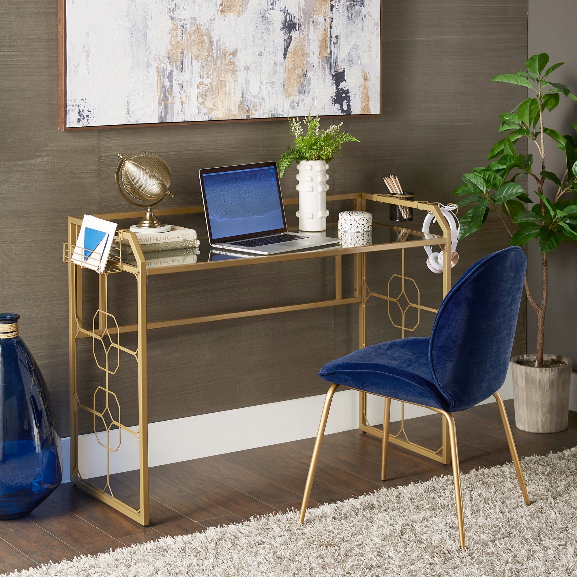 Weston Home Holland Octagon Pattern Gold Metal and Glass Desk - Walmart.com