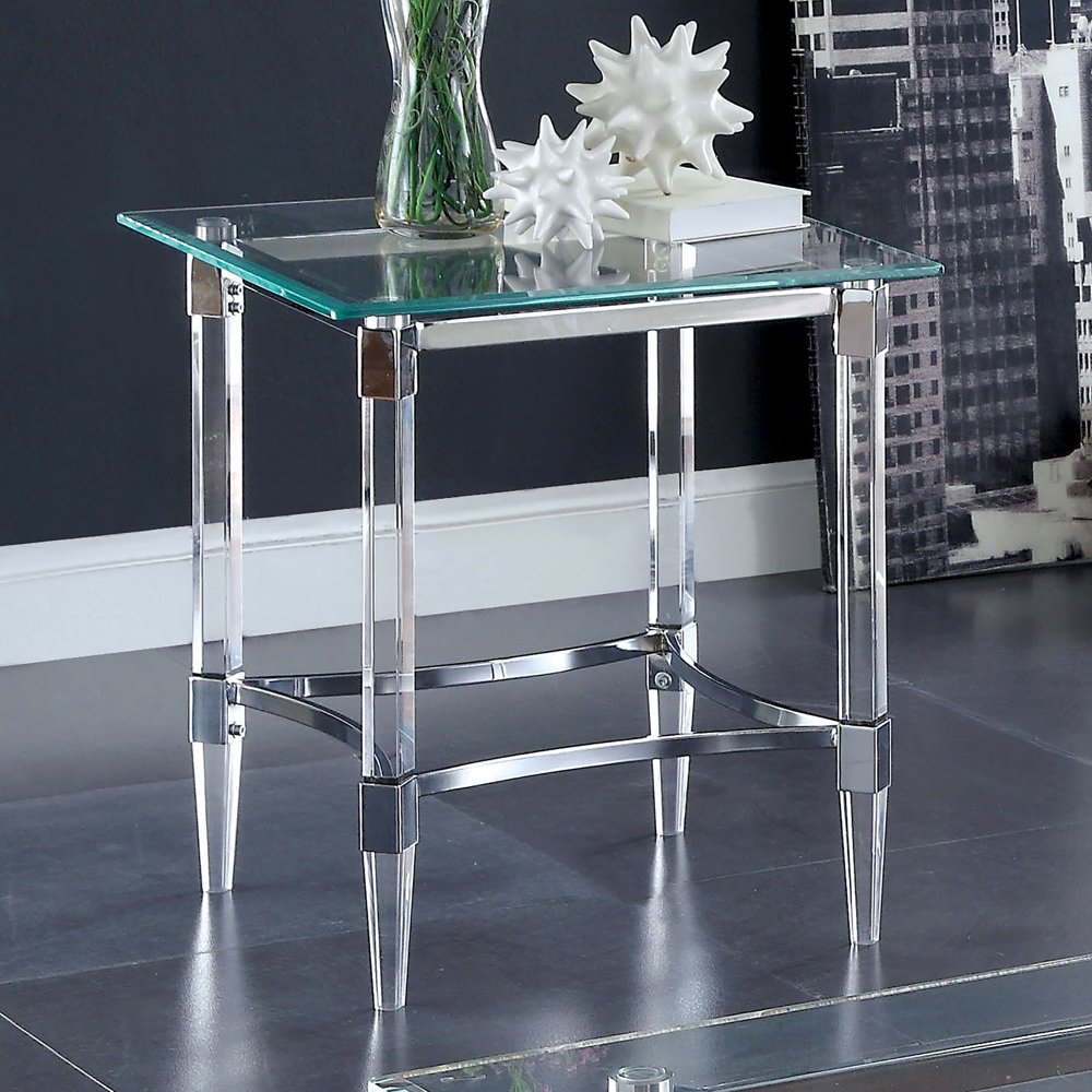 Furniture of America Jourdan Contemporary Glass Top End Table, Chrome ...