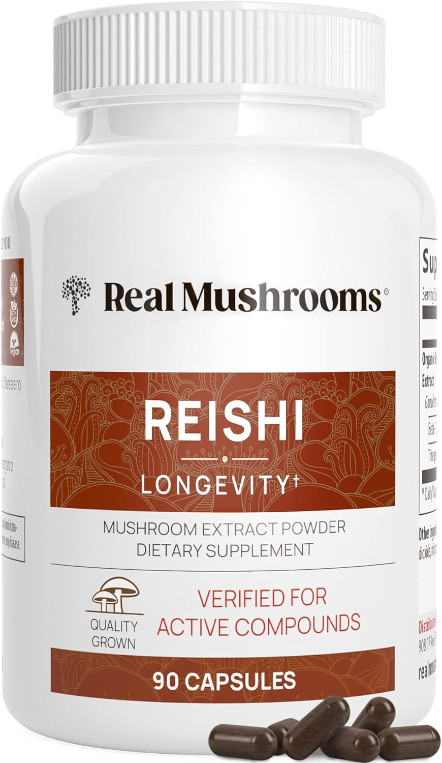 Real Mushrooms Reishi Longevity | 1,000 Mg | 45 Servings | 90 Capsules ...