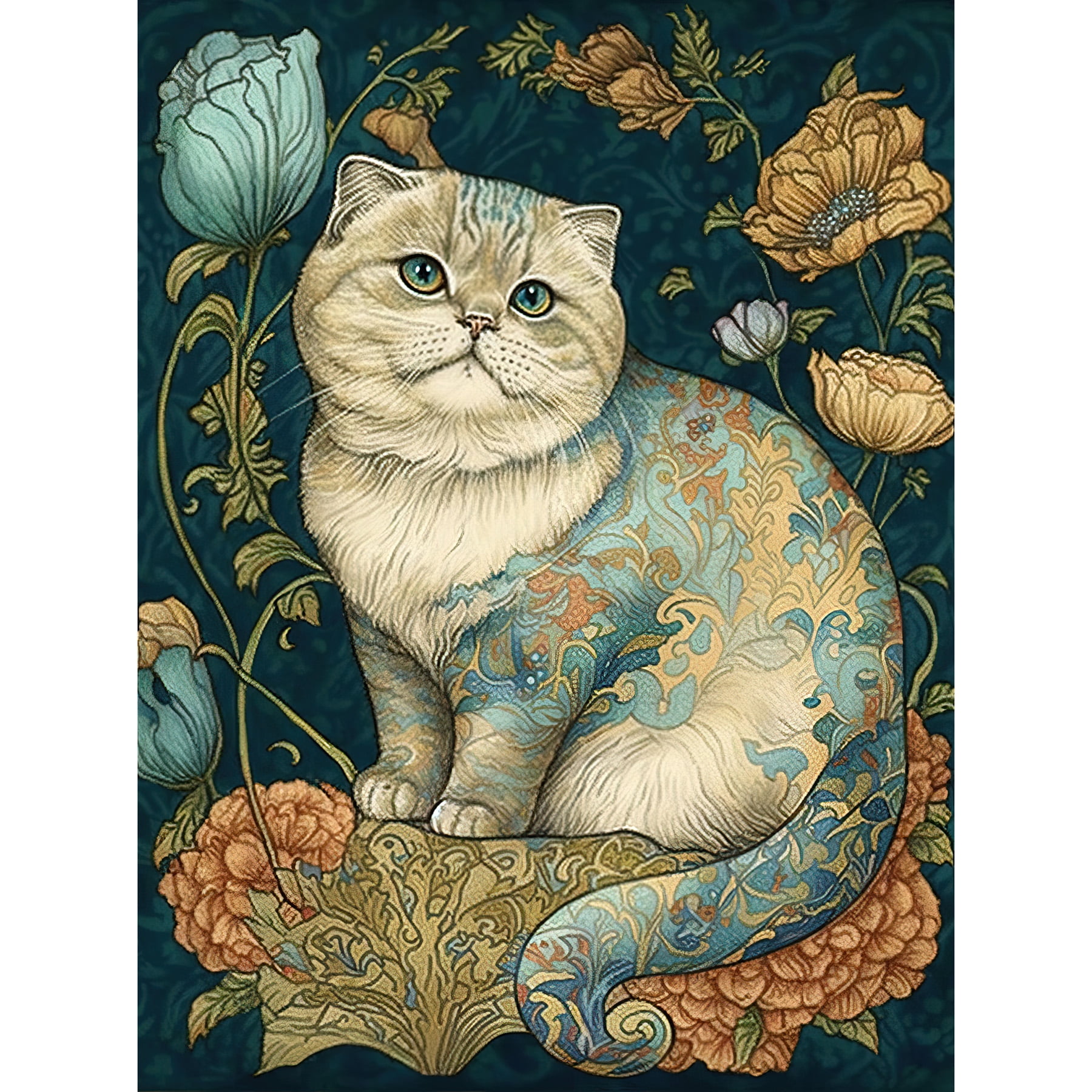 William Morris Inspired Cute Cat with Floral Pattern Fur and Flowers ...