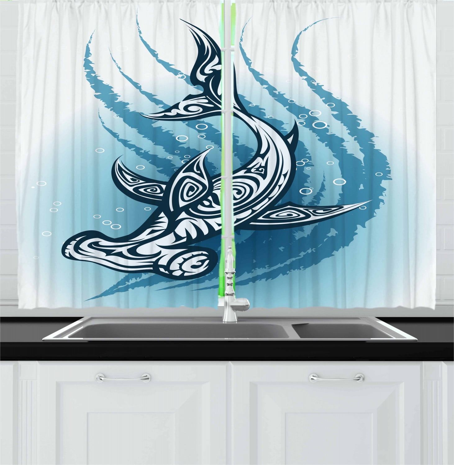 Shark Curtains 2 Panels Set, Hammerhead Fish with Ornamental Ethnic ...
