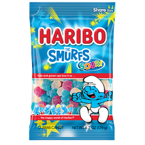 HARIBO Sour Smurfs Gummies Raspberry and Blueberry Smurf Shaped Sour ...