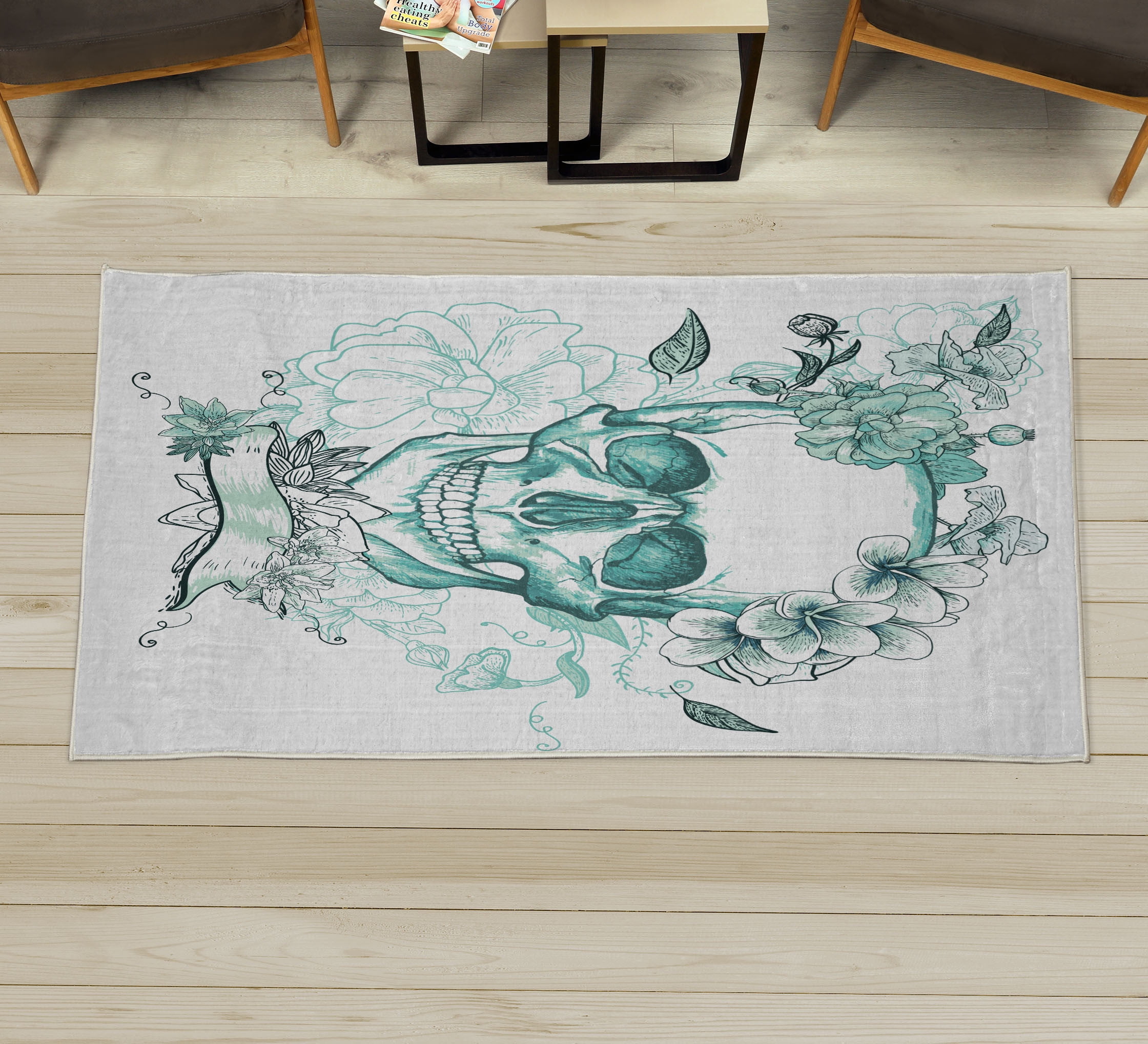 Grunge Decorative Rug, Skull and Flowers Day of the Dead Mexican ...