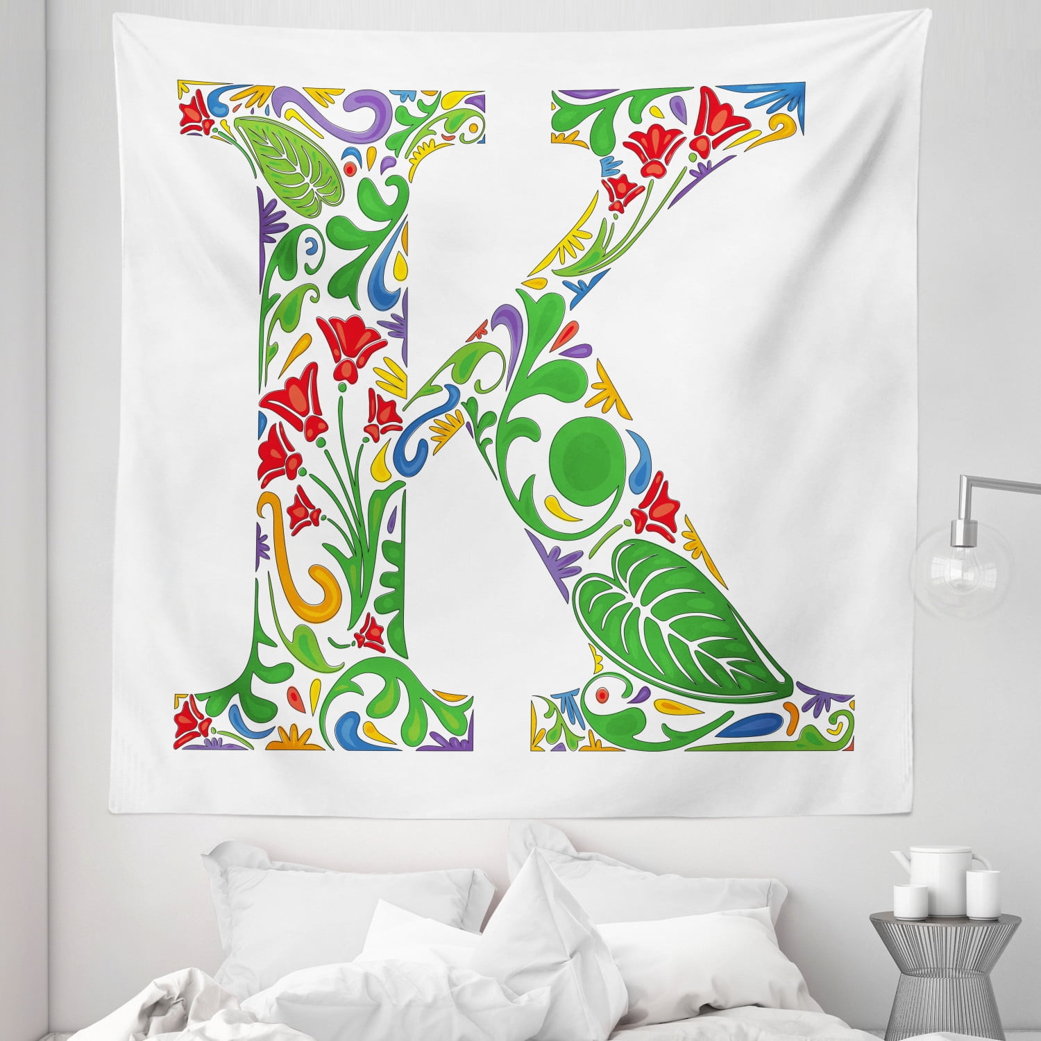 Letter K Tapestry, Vivid Color Scheme Natural Inspirations Flowers ...