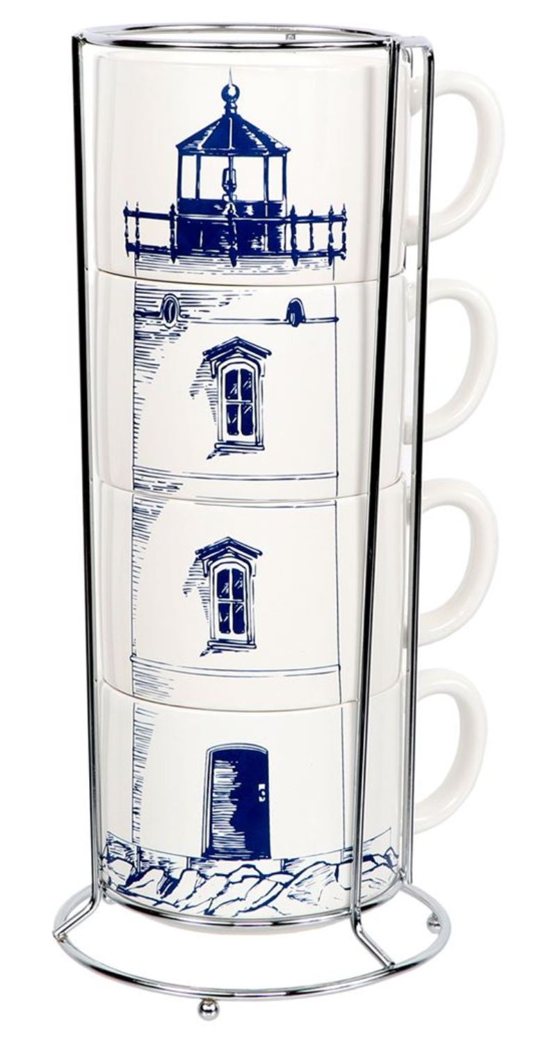 Stacking Set of Lighthouse Mugs with Metal Storage Rack Set of 4 ...