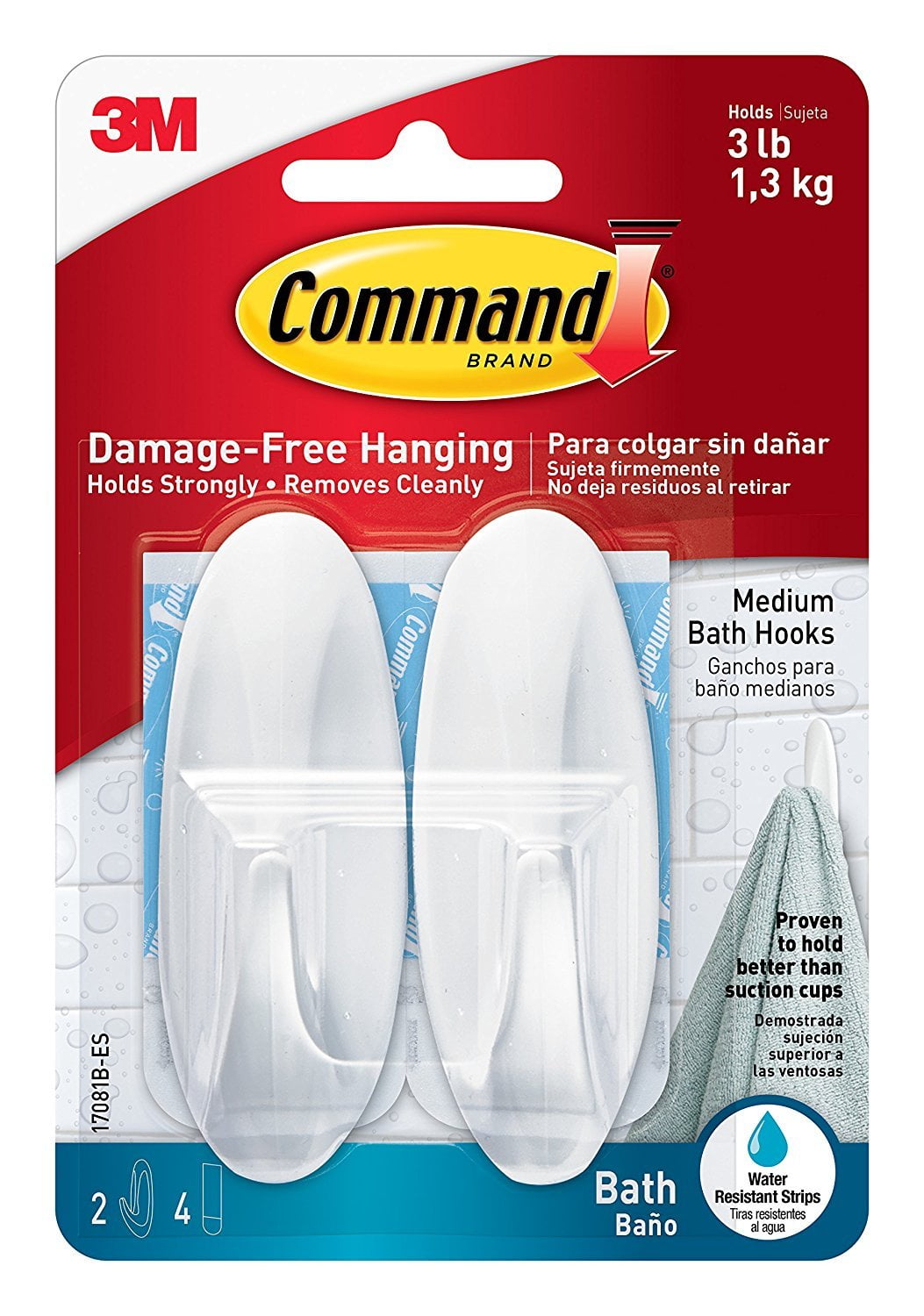 Command Designer Bath Hooks, Medium, White, 2-Hooks with Water ...