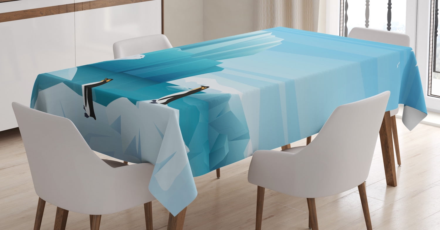 North Pole Tablecloth, Cartoon Icons of Penguin Polar Bear, Rectangular ...