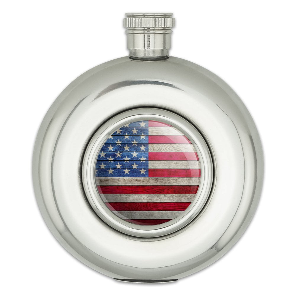 Rustic American Flag Wood Grain Design Round Stainless Steel 5oz Hip ...