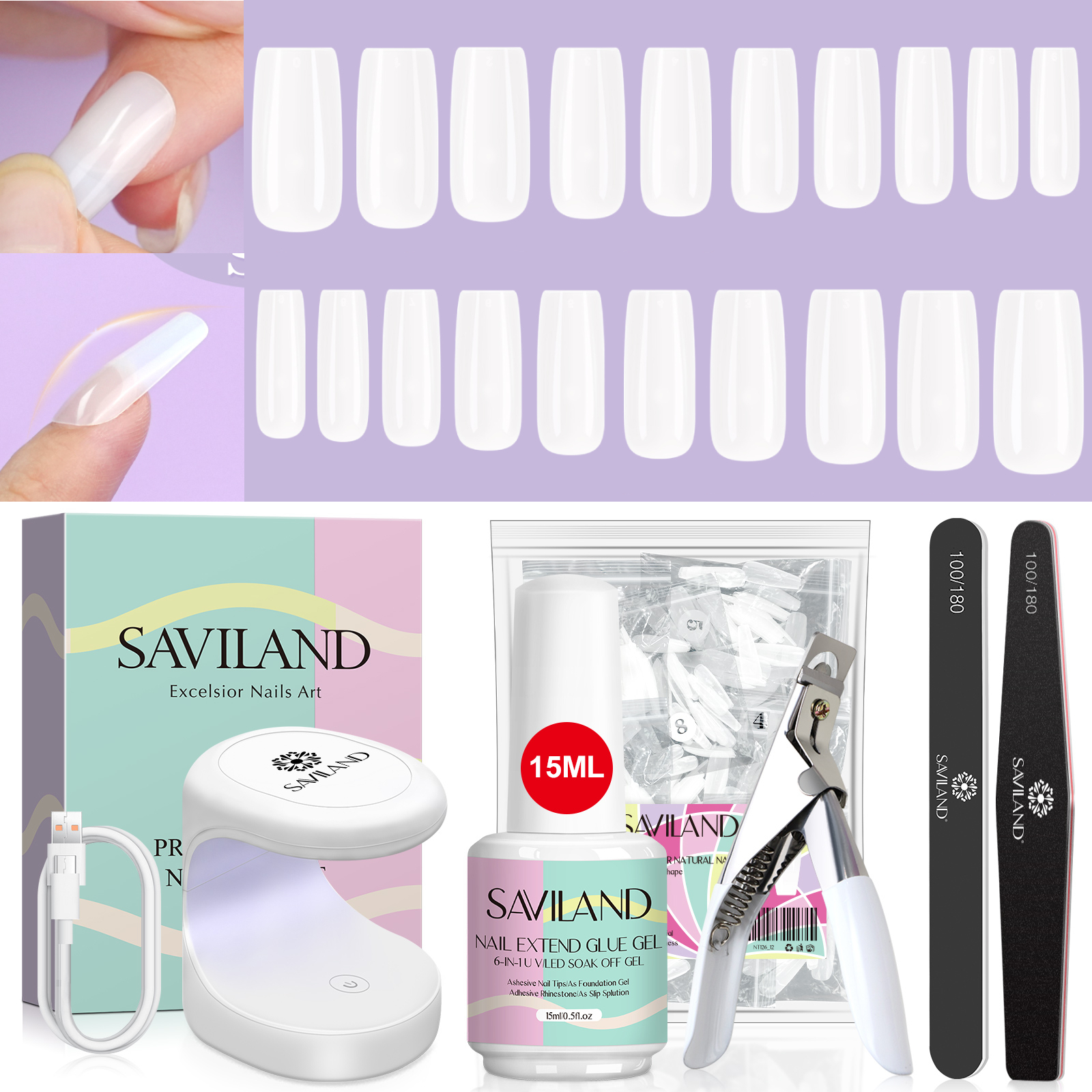 Saviland Nail Tip and Glue Gel Kit - Gel Nail Kit with 500pcs Medium ...
