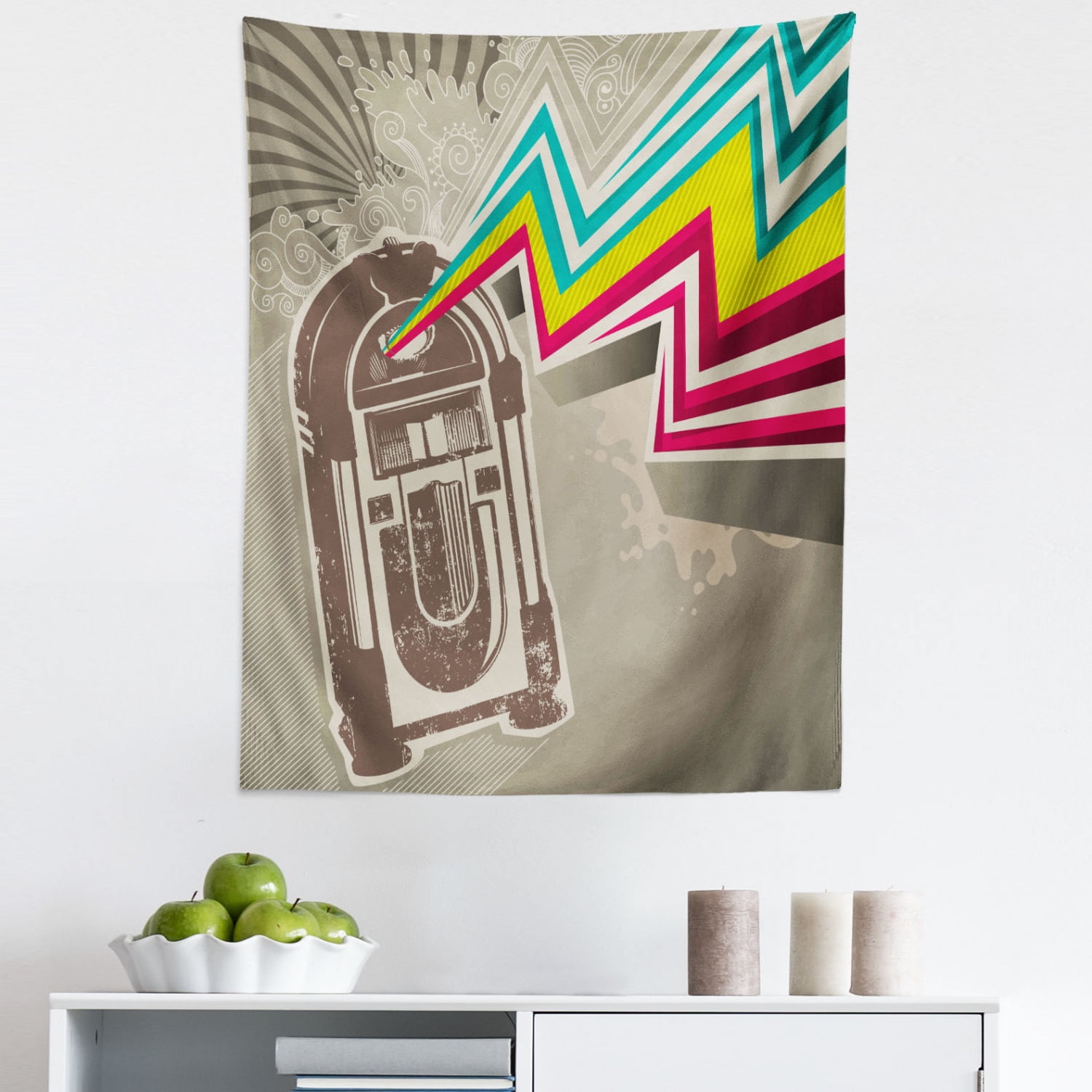 Retro Tapestry, Antique Vintage Retro Radio Party with Colorful Zig Zag ...