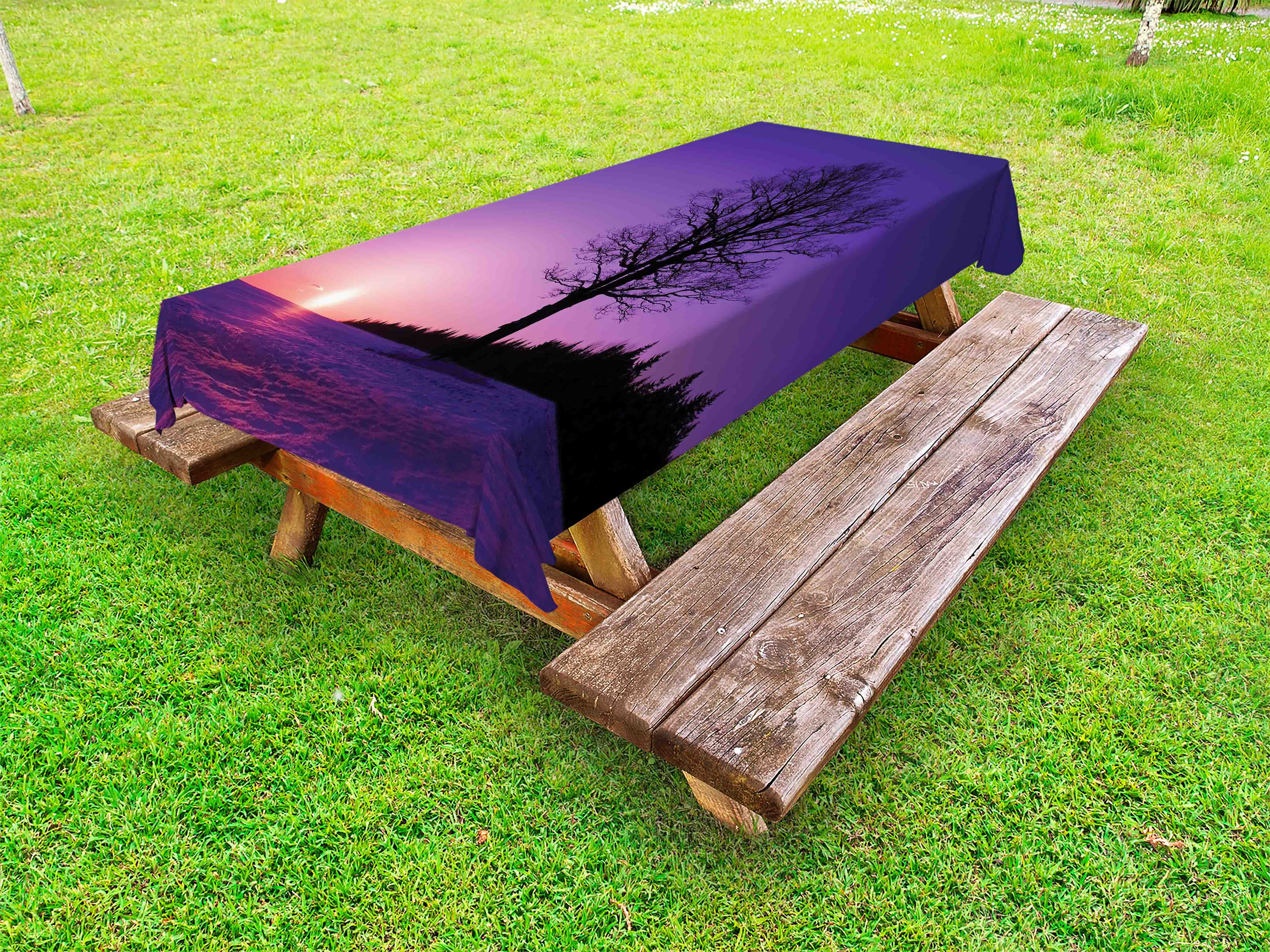 Tree Outdoor Tablecloth, Oak Tree at Sunset Snowy Field Wintertime ...
