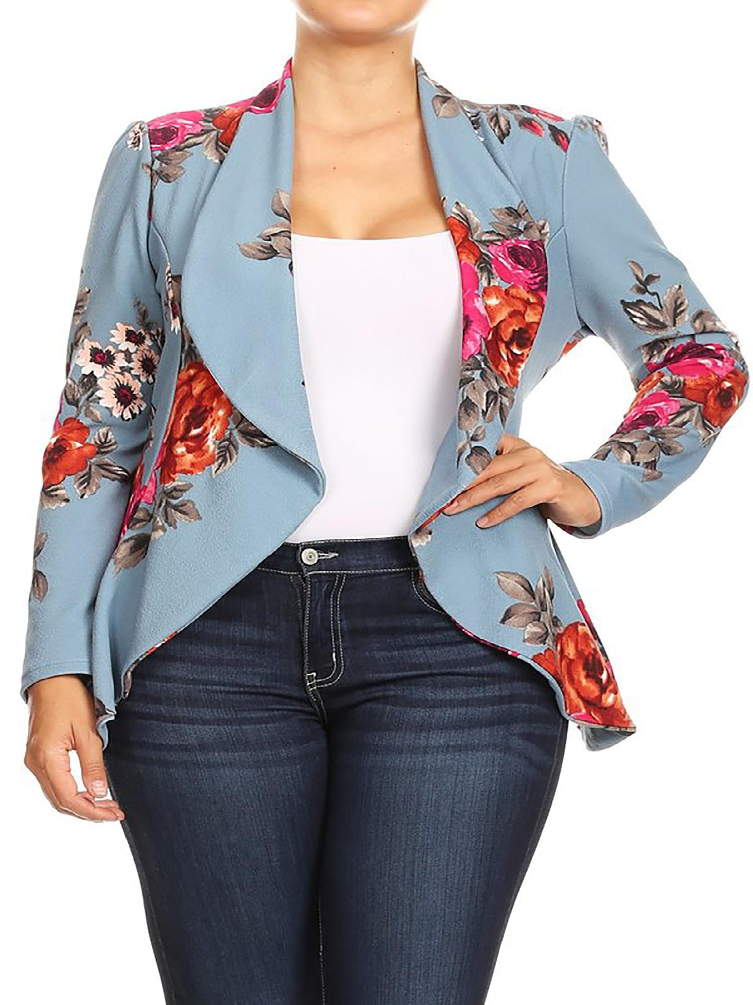 Moa Collection Womens Plus Size Solid Print Casual Long Sleeve Open