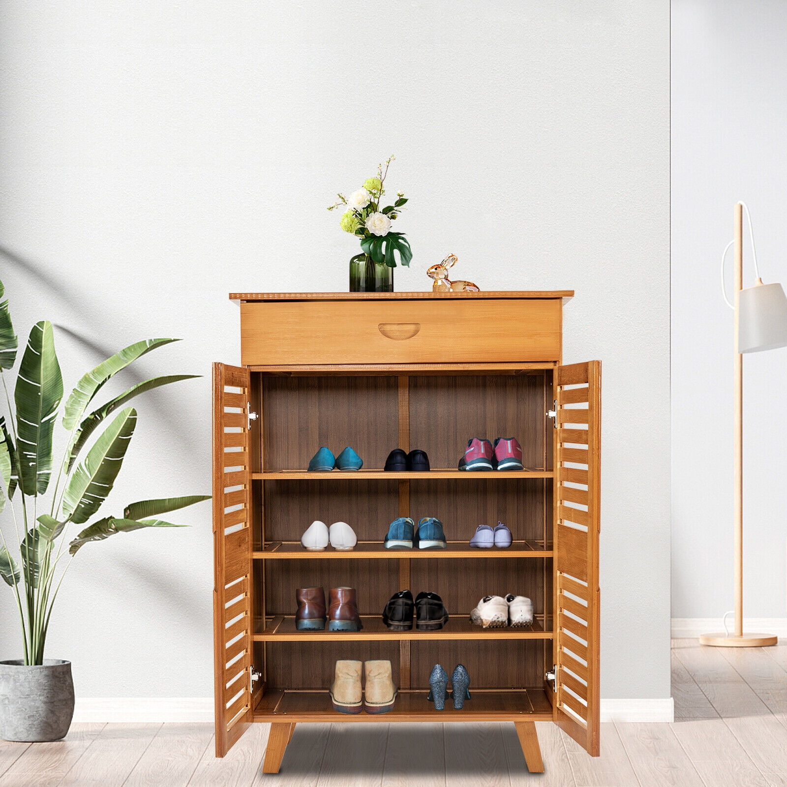Shoe Cabinet Door Storage Dustproof Shoe Shelf 4-Tier Bamboo Rack Shoes ...