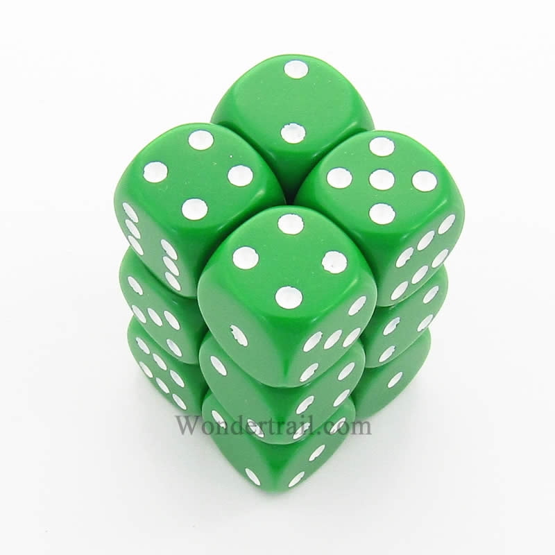 Green Opaque D6 Dice with White Pips 16mm (5/8in) Pack of 12 Dice ...