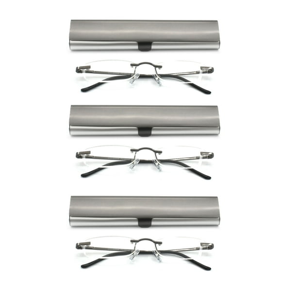 EYE ZOOM Compact 3 Pack Rimless Reading Glasses with Slim Gun and ...