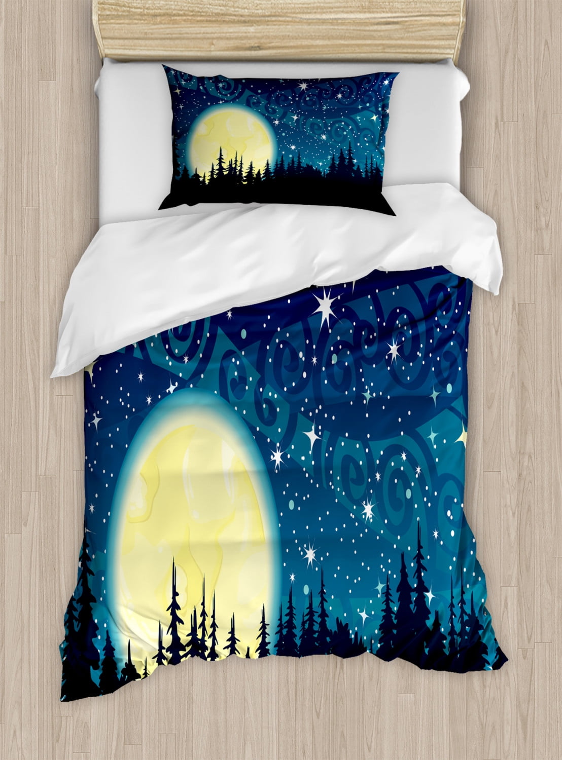 Starry Night Twin Size Duvet Cover Set, Full Moon over the Forest Sky ...