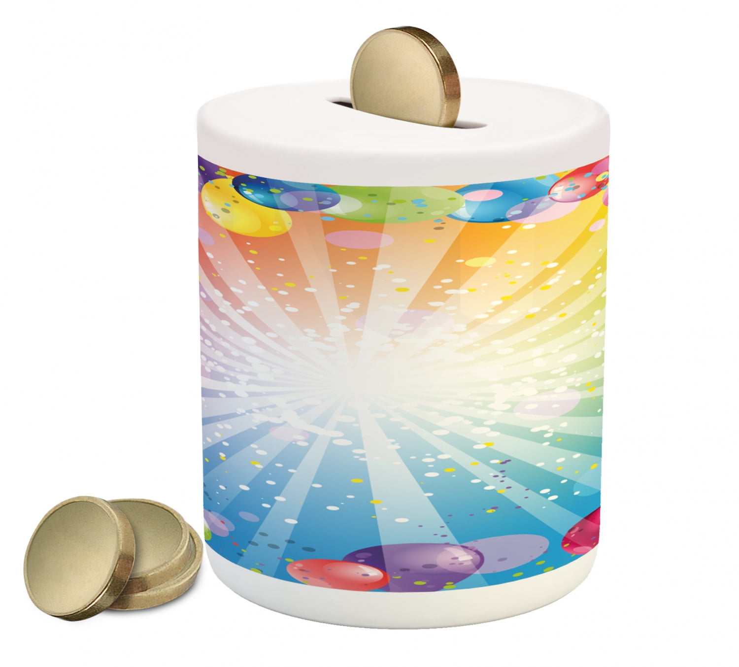 Birthday Piggy Bank, Pattern of Striped Backdrop with Balloons Dots ...