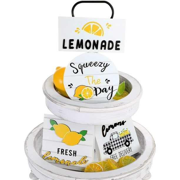 Wooden Lemon Tiered Tray Decor, 4 Pieces Summer Lemon Kitchen Decor ...