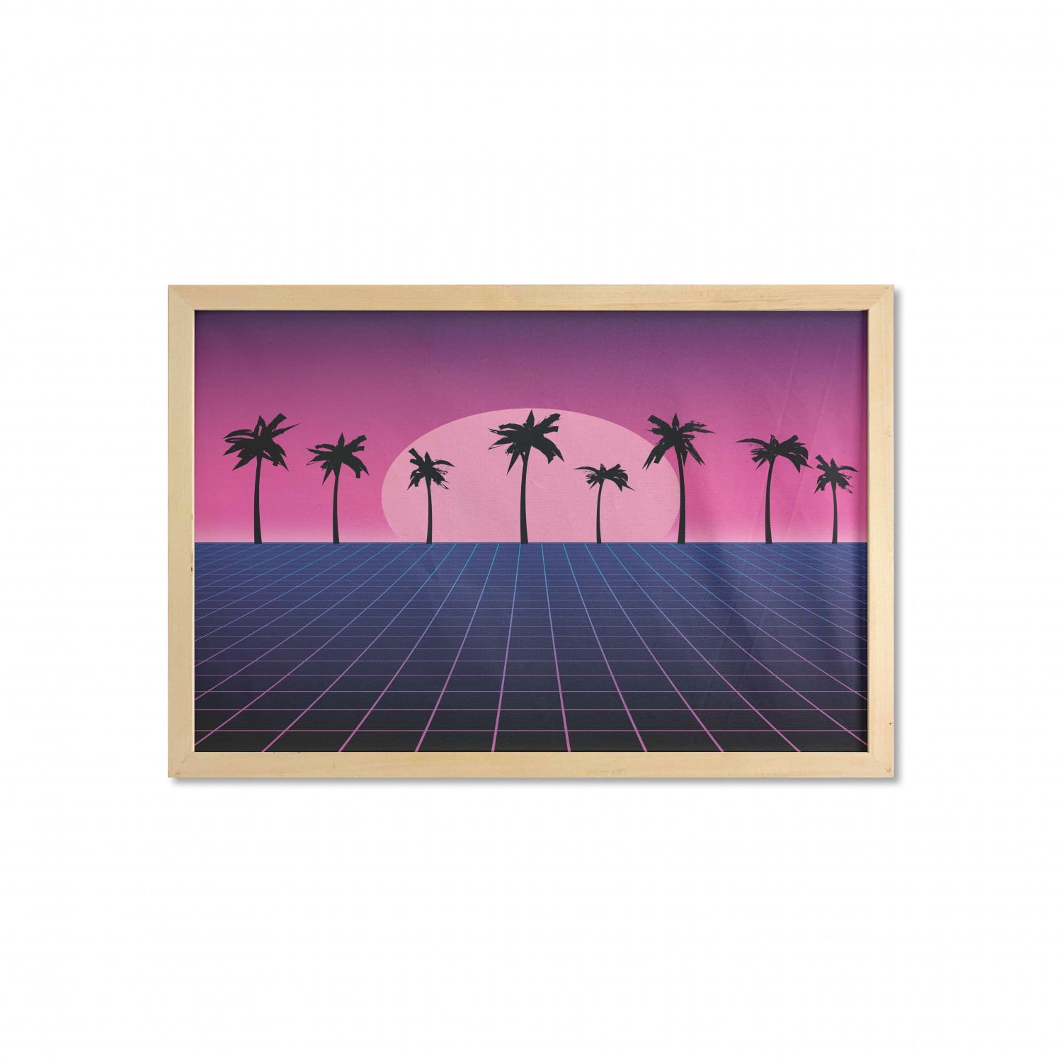 Synthwave Wall Art with Frame, Retro Grid Floor with Palm Silhouettes ...