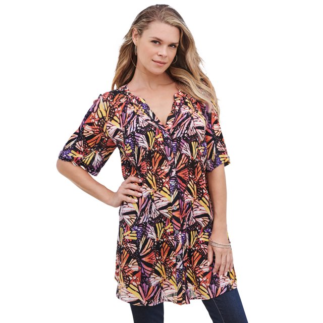 Roamans Womens Plus Size Short Sleeve Angelina Tunic Long Button