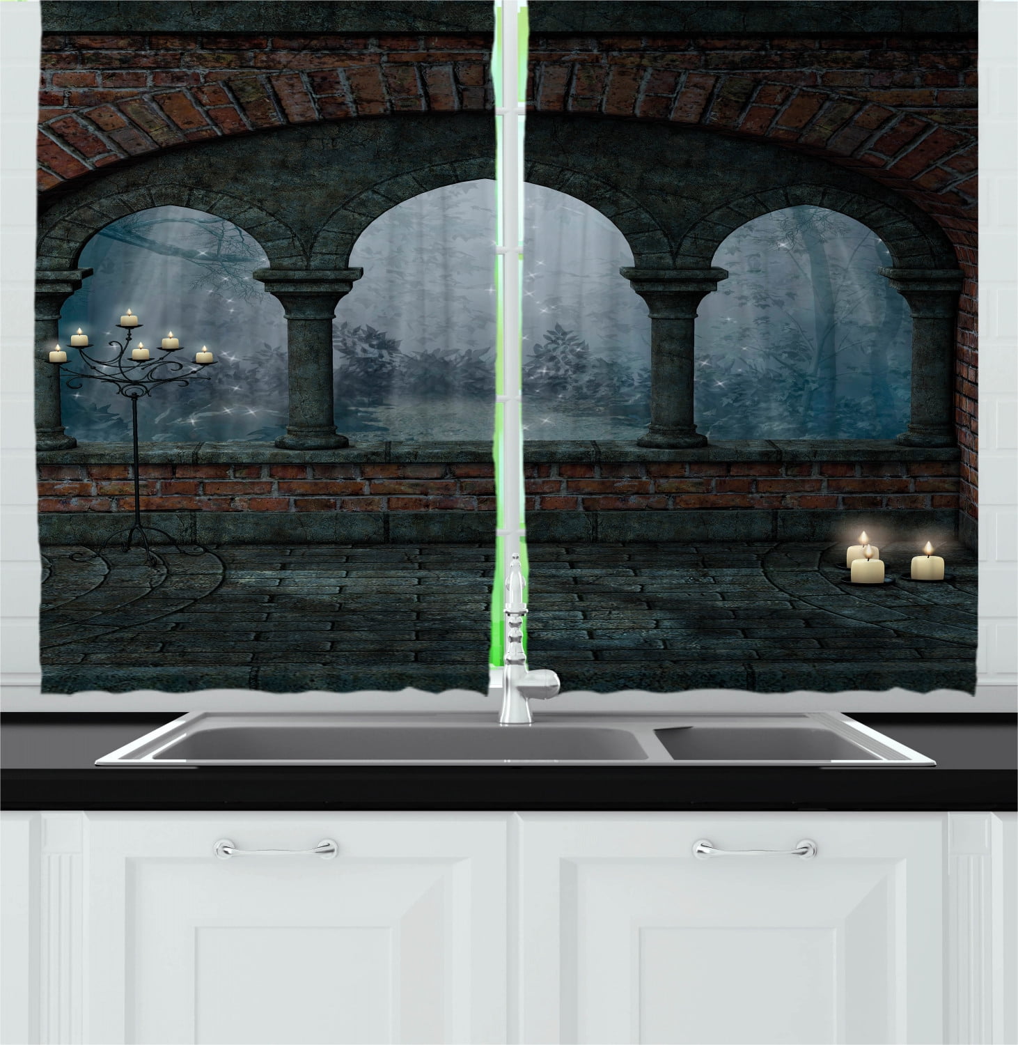 Gothic Curtains 2 Panels Set, Medieval Castle at Night with Old Arch ...