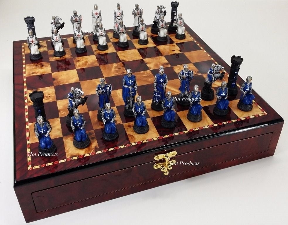 Medieval Times Crusade BLUE WHITE Maltese CHESS SET Cherry Color ...
