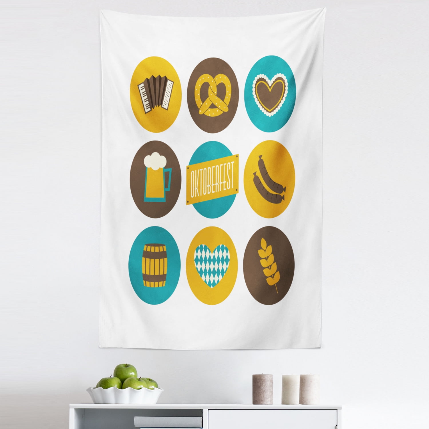 German Tapestry, Bavarian Oktoberfest Themed Pretzel Beer and Accordion ...