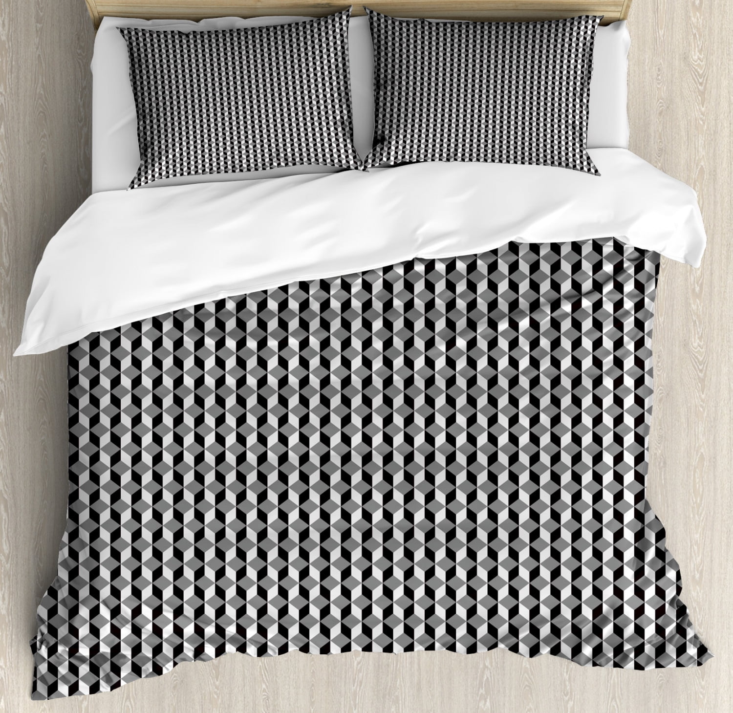 Geometric King Size Duvet Cover Set, Herringbone Zigzags Stacked Cubes ...