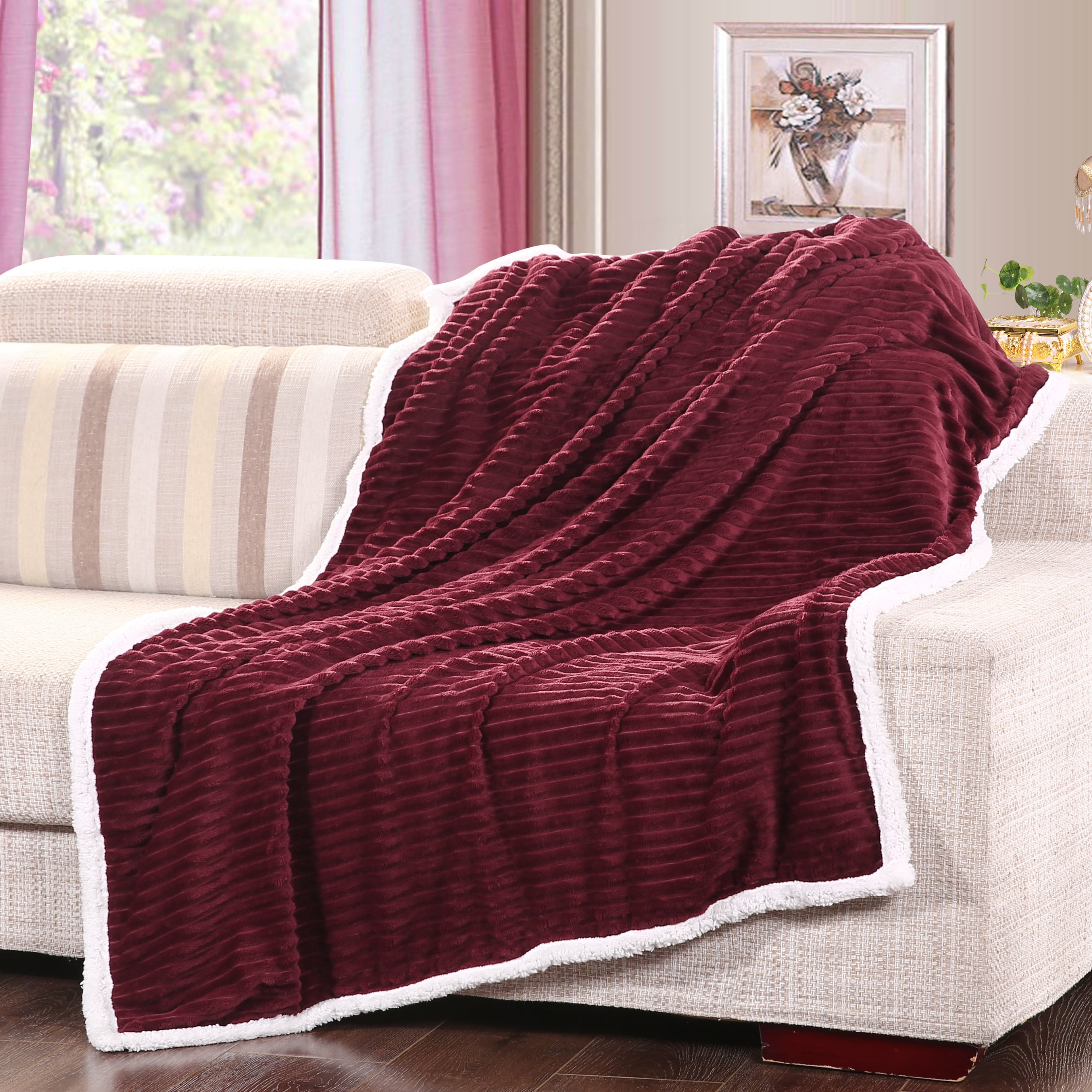 LushElegance Corduroy Reversible Sherpa Throw (50" x 60") - Burgundy ...