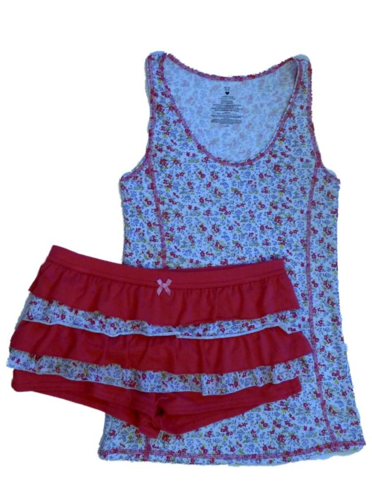 Valentines Womens Pink Floral Rhumba Shorts & Tank Pajama Set Ruffle ...