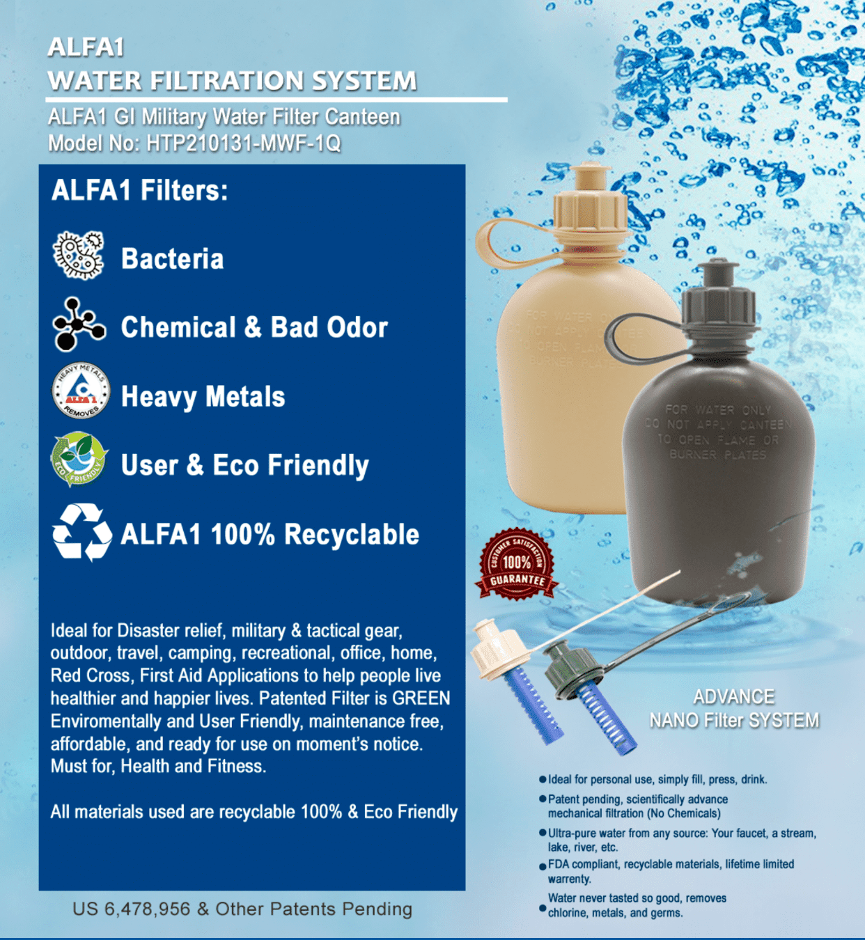 ALFA1 OD GI Military Water Filter Canteen w/ Cap, Filter, & Body ...