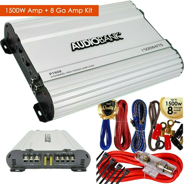 Audiobank 2 Channels 1500W Bridgedable Car Audio Stereo Amplifier + 8 GA Amp Kit Bundle ...