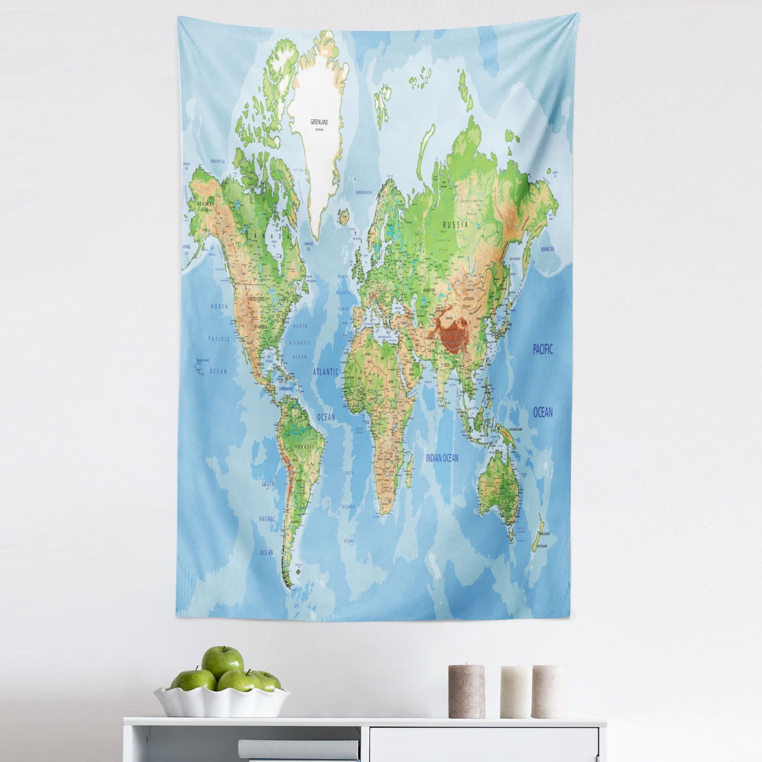 World Map Tapestry, Topographic Map of the World Continents Countries ...