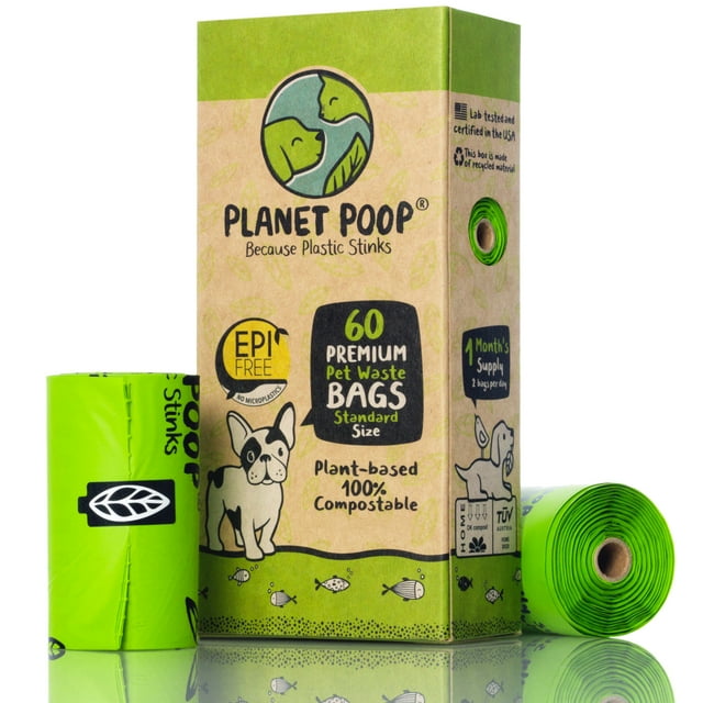 PLANET POOP Home Compostable Dog Poop Bags on Refill Rolls, 60 Standard ...